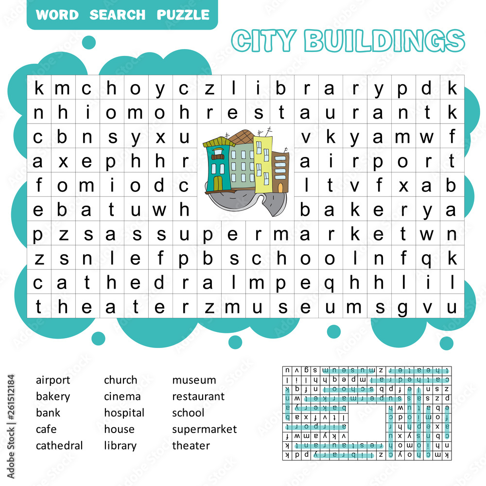 Word search puzzle. Vector game about city buildings. Worksheet for ...