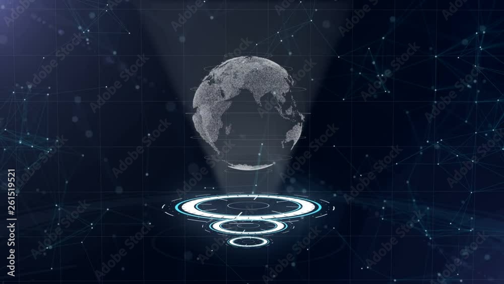 Data network. Surrounding planet earth on three looping circles. Centre ...