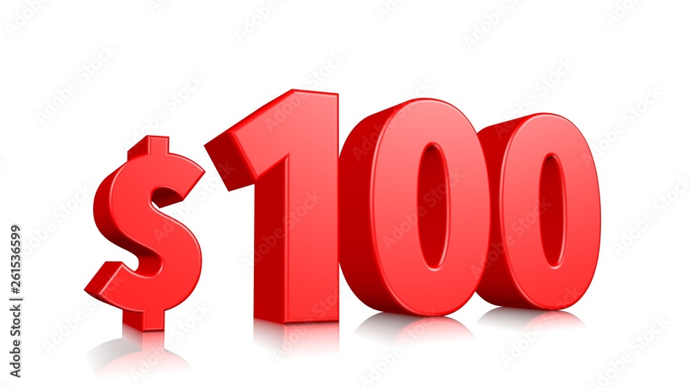 100$ one hundred price symbol. red text 3d render with dollar sign on ...