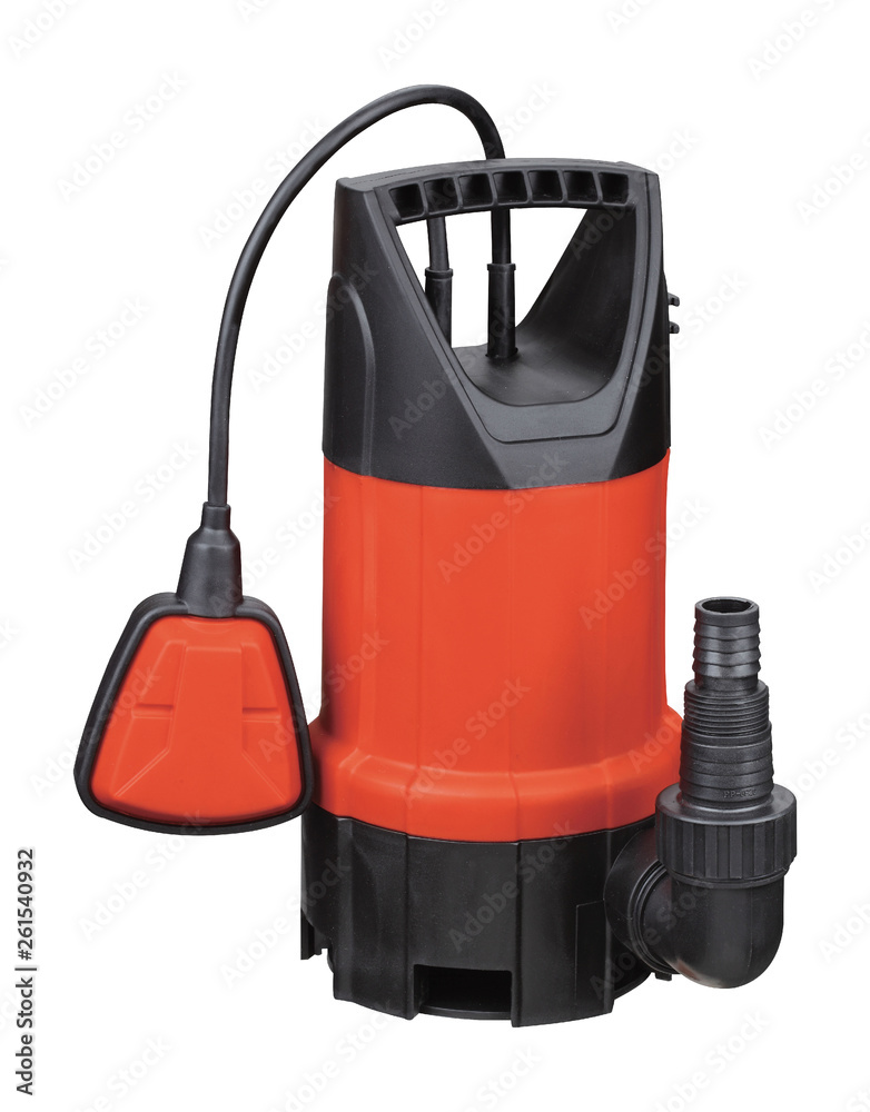 Plastic orange drainage pump pumping water, with automatic shut-off ...