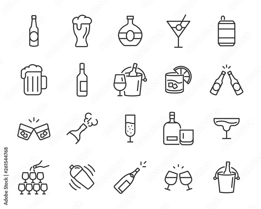 set of alcohol icons, such as wine, champagne, beer, whisky, cocktail ...