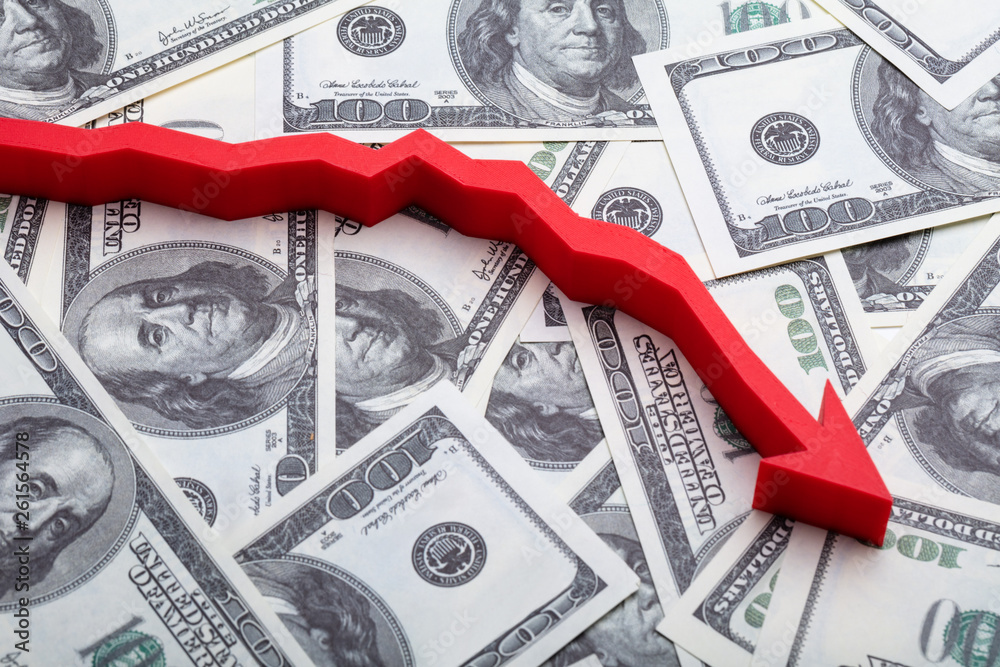 Red Decreasing Arrow Sign Over Banknotes Stock Photo | Adobe Stock