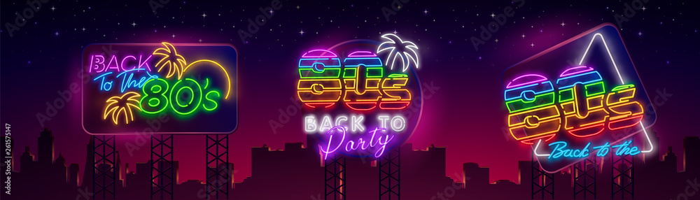 Neon 80's collection neon signs on billboards vector. Back to the 80s ...