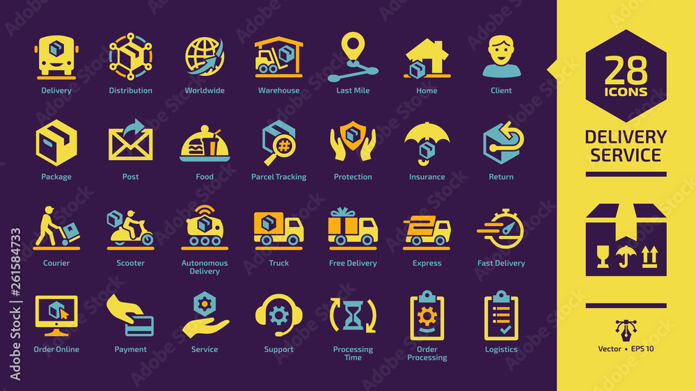 Delivery service yellow glyph icon set on a dark violet background with ...