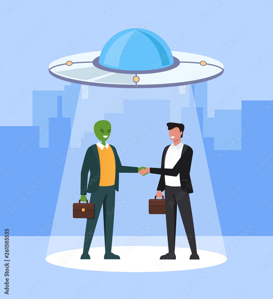 Alien and human business man character shaking hand and making deal ...