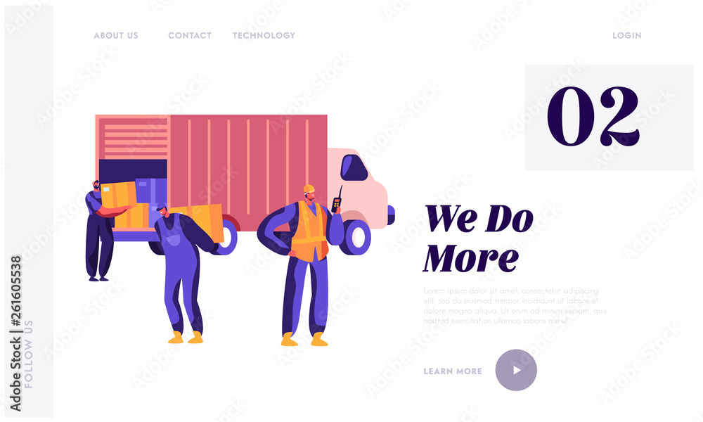 Seaport Workers Carry Boxes from Truck in Dock. Load Cargo Ship in Port ...