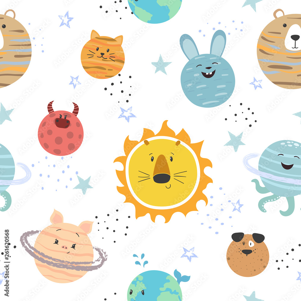 Cartoon solar system pattern. Space vector background with cute planets ...