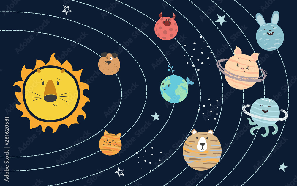 Cartoon vector solar system with cute planets for kids. Stock Vector ...