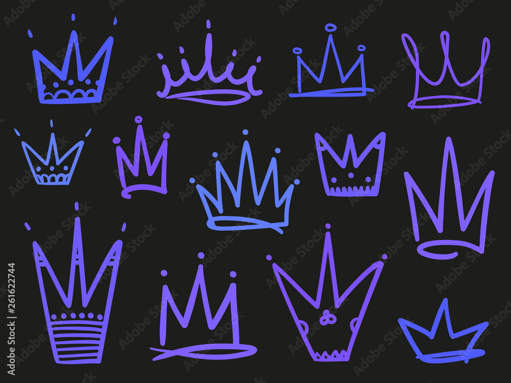 Set of abstract crowns on isolated black. Signs for design. Hand drawn ...