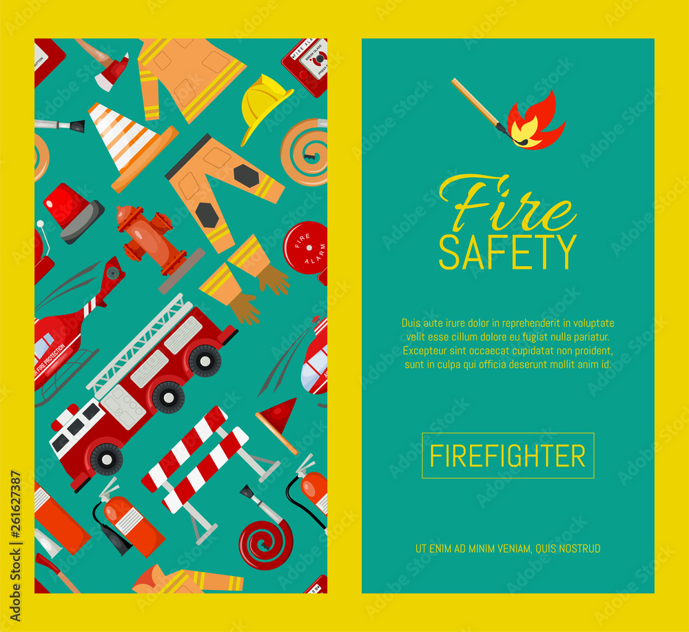 Fire safety set of banners vector illustration. Firefighter uniform and ...