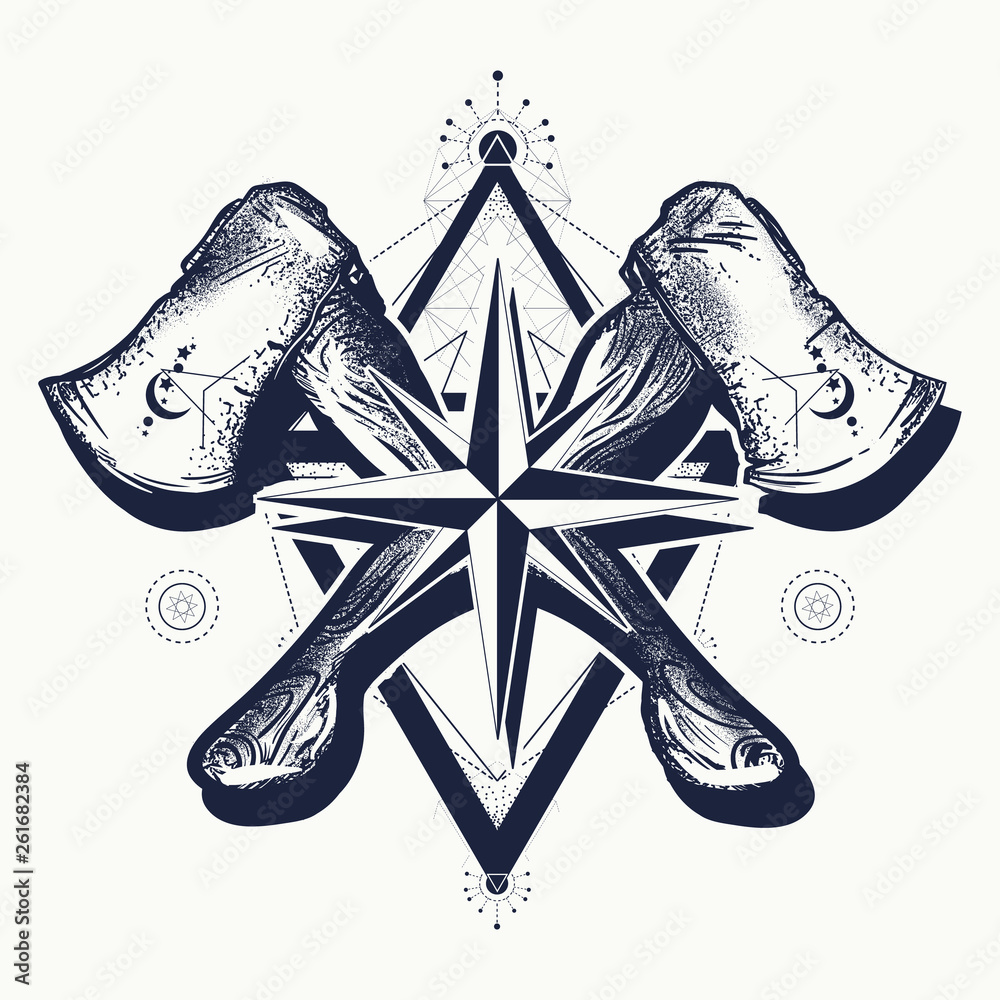 Azimuth and crossed axes tattoo and t-shirt design. Symbol of travel ...