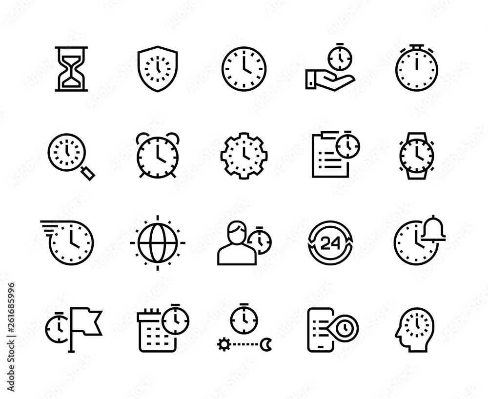 Time management line icons. Stopwatch, alarm and hourglass thin vector ...
