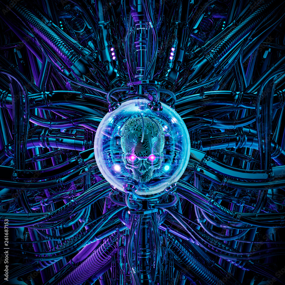 The skull pod / 3D illustration of science fiction scene showing evil ...