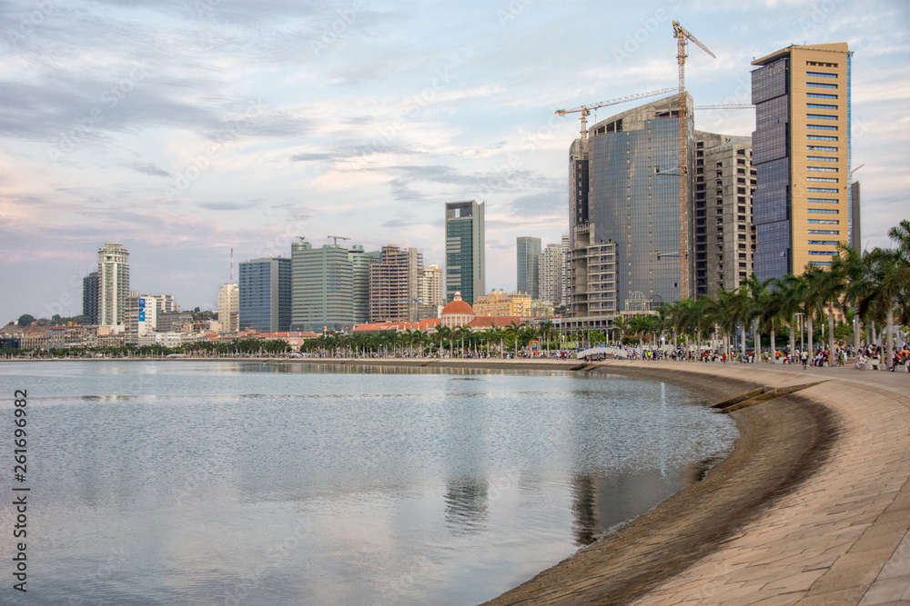 Luanda bay and seaside promenade at sunset, Marginal of Luanda capital ...