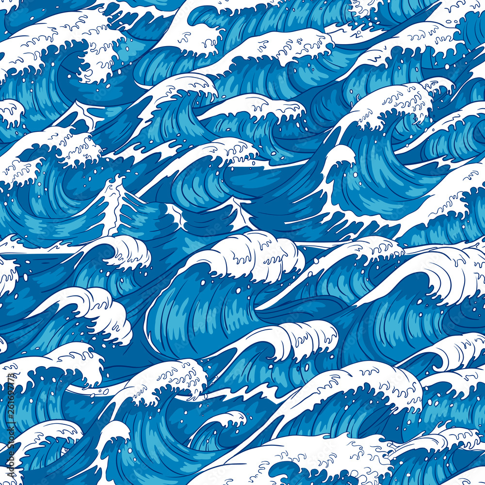 Storm waves seamless pattern. Raging ocean water, sea wave and vintage ...