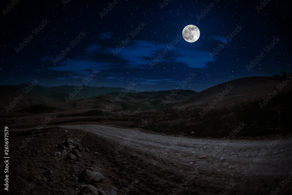 Mountain Road through the forest on a full moon night. Scenic night ...