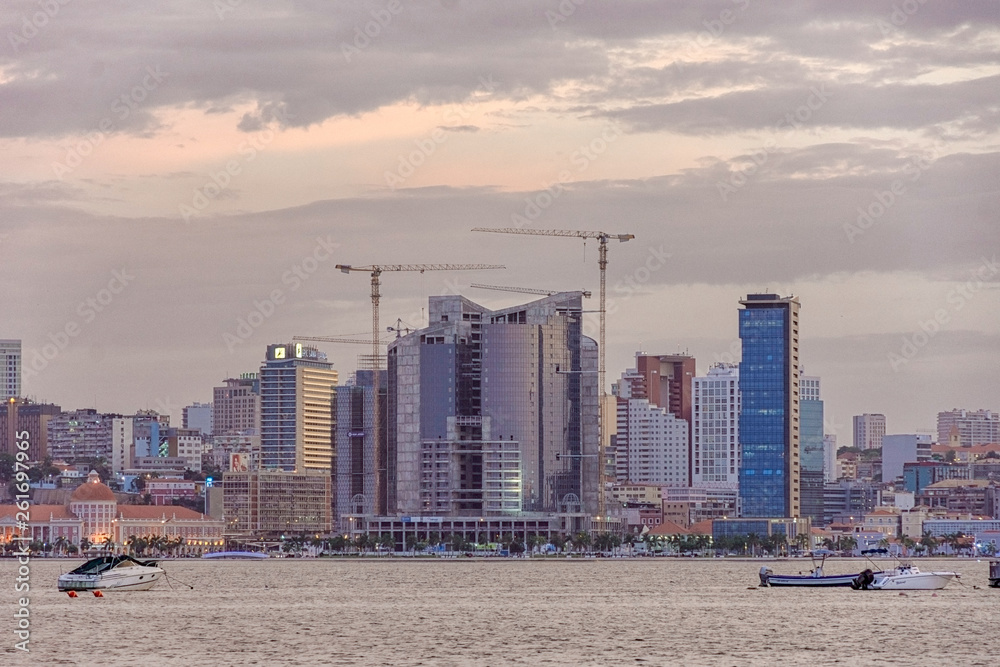 Luanda bay and seaside promenade at sunset, Marginal of Luanda capital ...