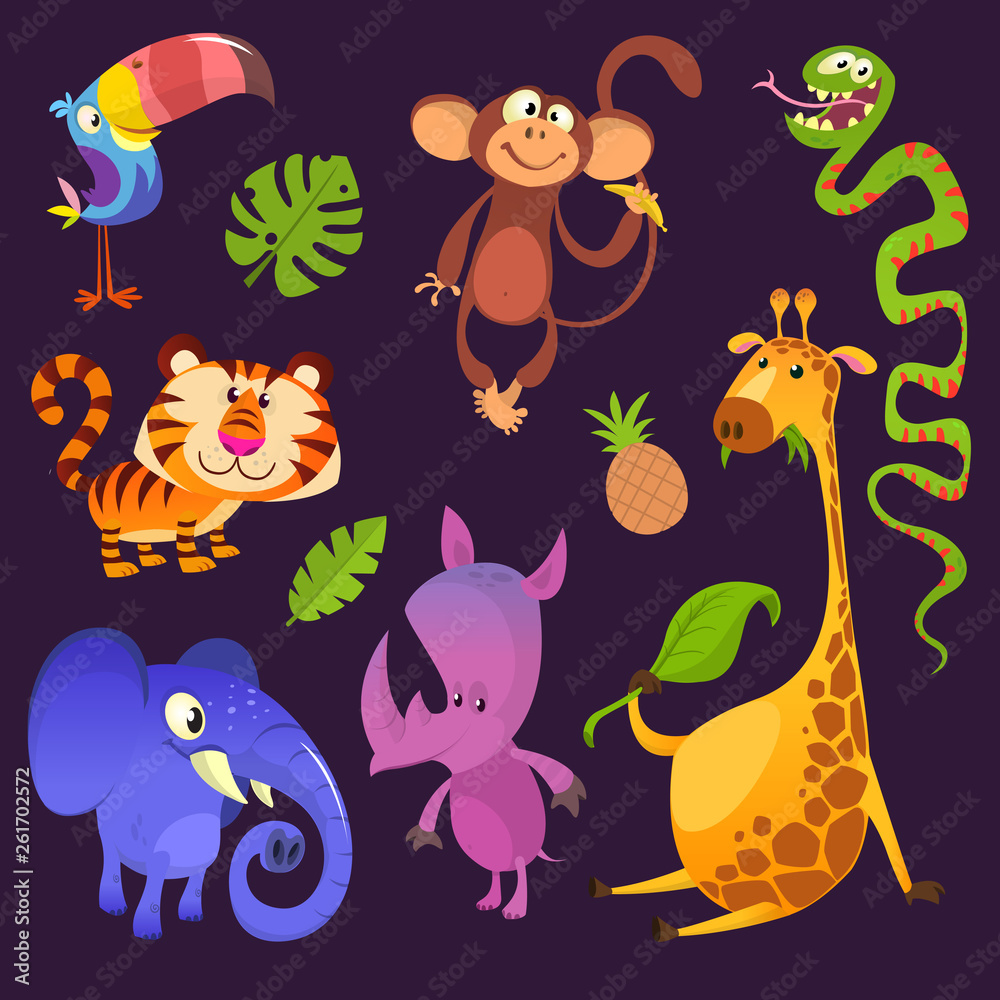 Cartoon tropical animals set. Toucan, monkey, tiger, snake, elephant ...