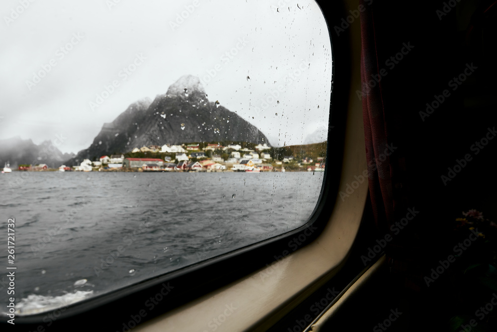 View through a window of a boat on the arctic ocean over the water on ...