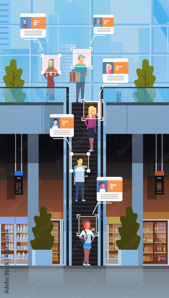 retail store visitors moving staircase escalator identification facial ...