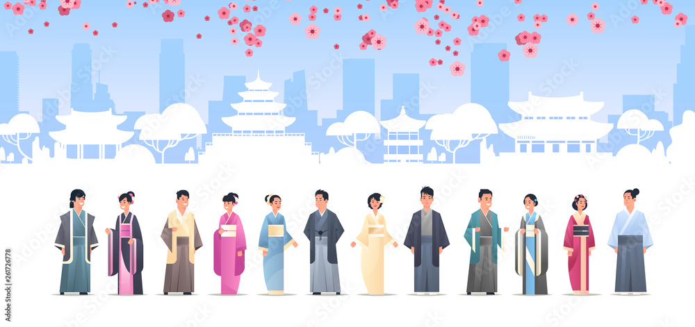 asian people grroup in traditional clothes men women wearing ancient ...