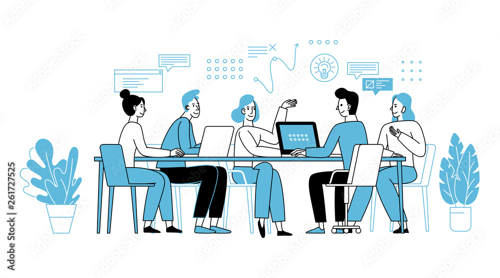 Vector illustration in simple flat linear style with smiling cartoon ...