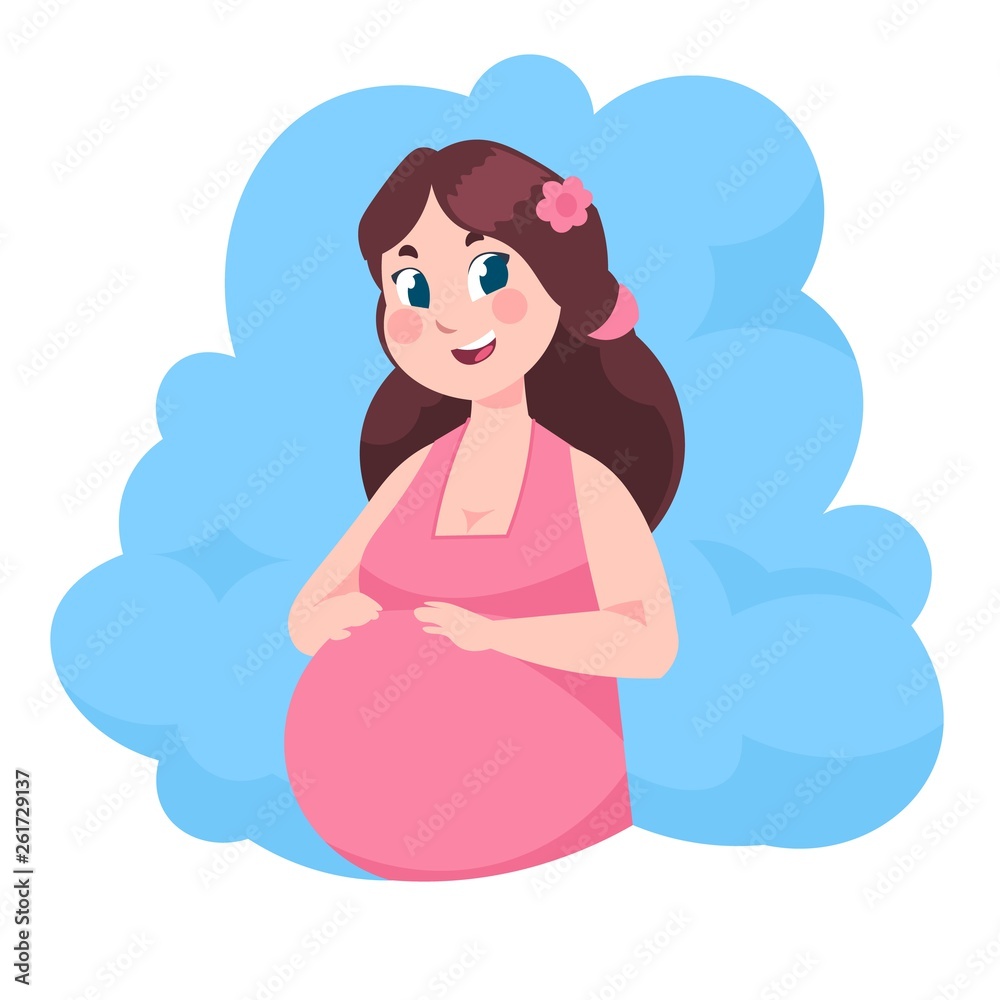 Cartoon pregnant woman. Young mom with baby flat illustration, happy ...
