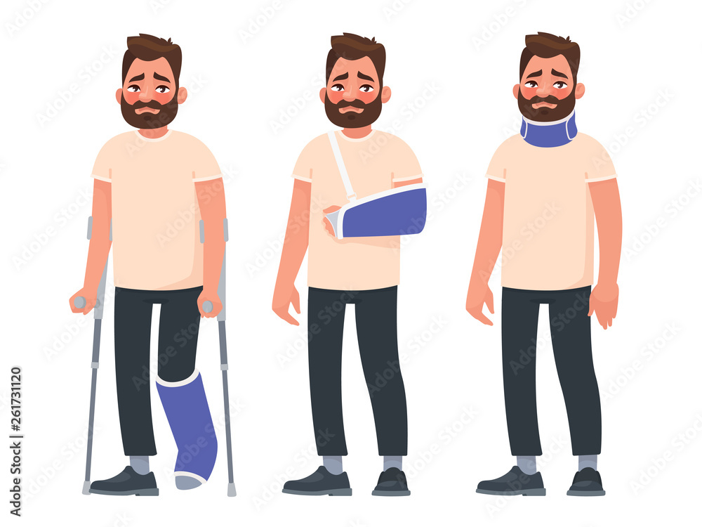 Set of sad character man with injuries. Fracture or dislocation of the ...