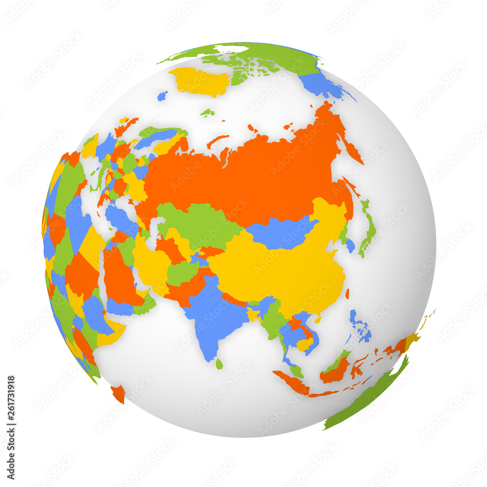 Blank political map of Asia. 3D Earth globe with black outline map ...