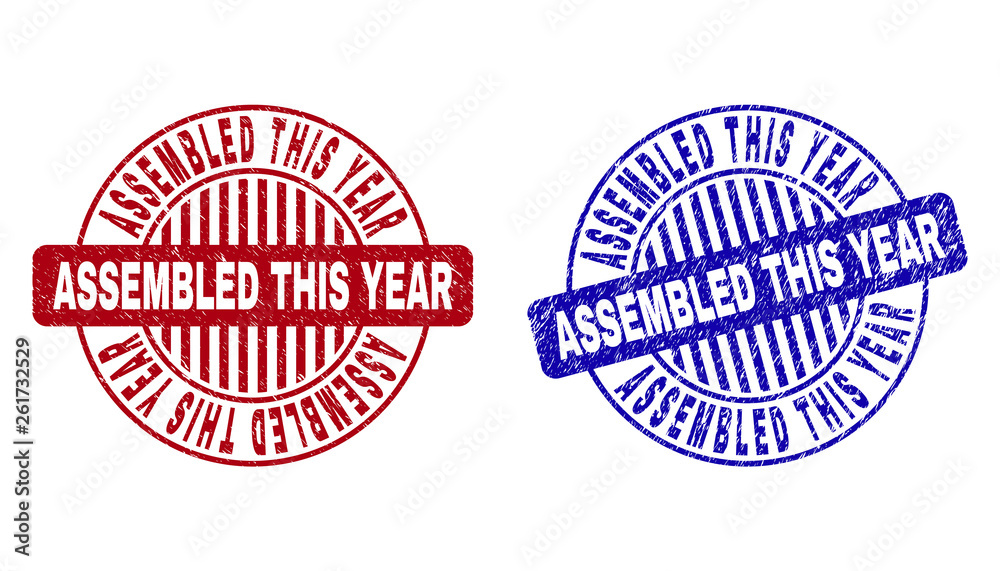 Grunge ASSEMBLED THIS YEAR round stamp seals isolated on a white background. Round seals with ...