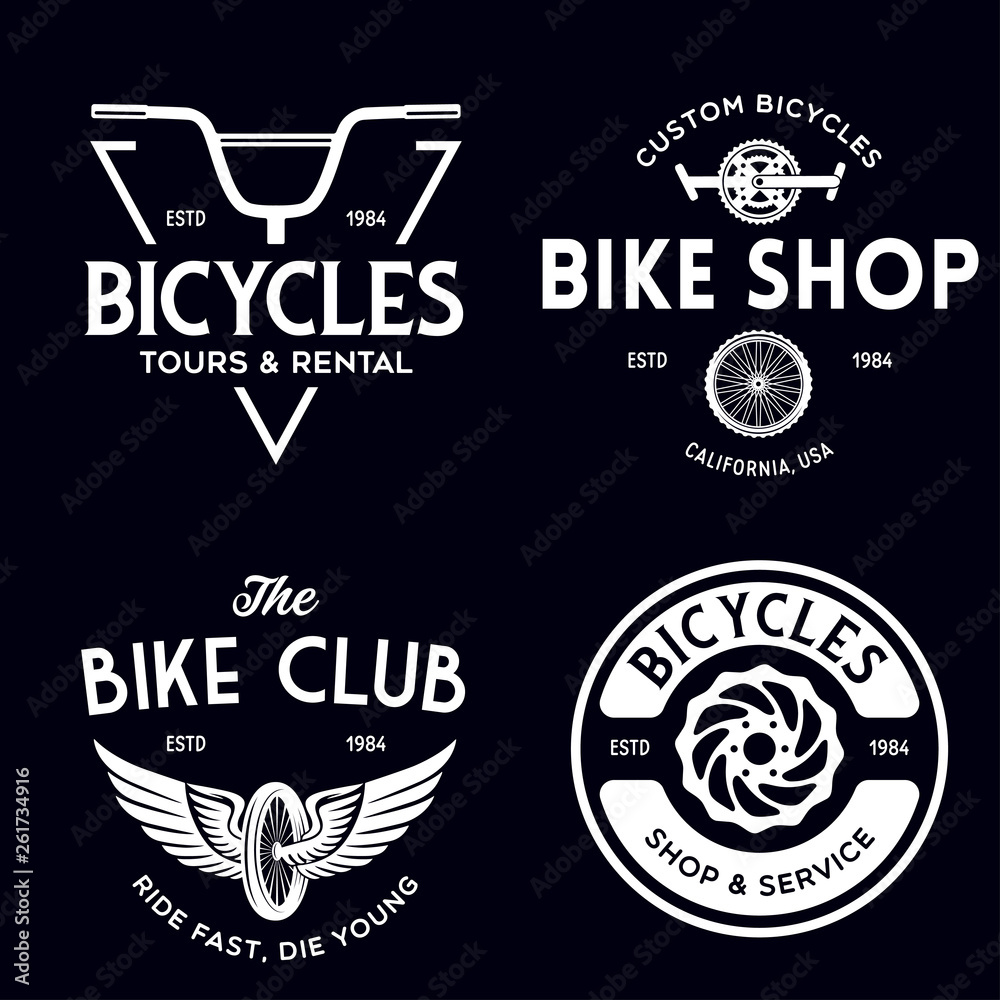 Set of vintage and modern bike shop logo badges and labels. Cycle wheel ...