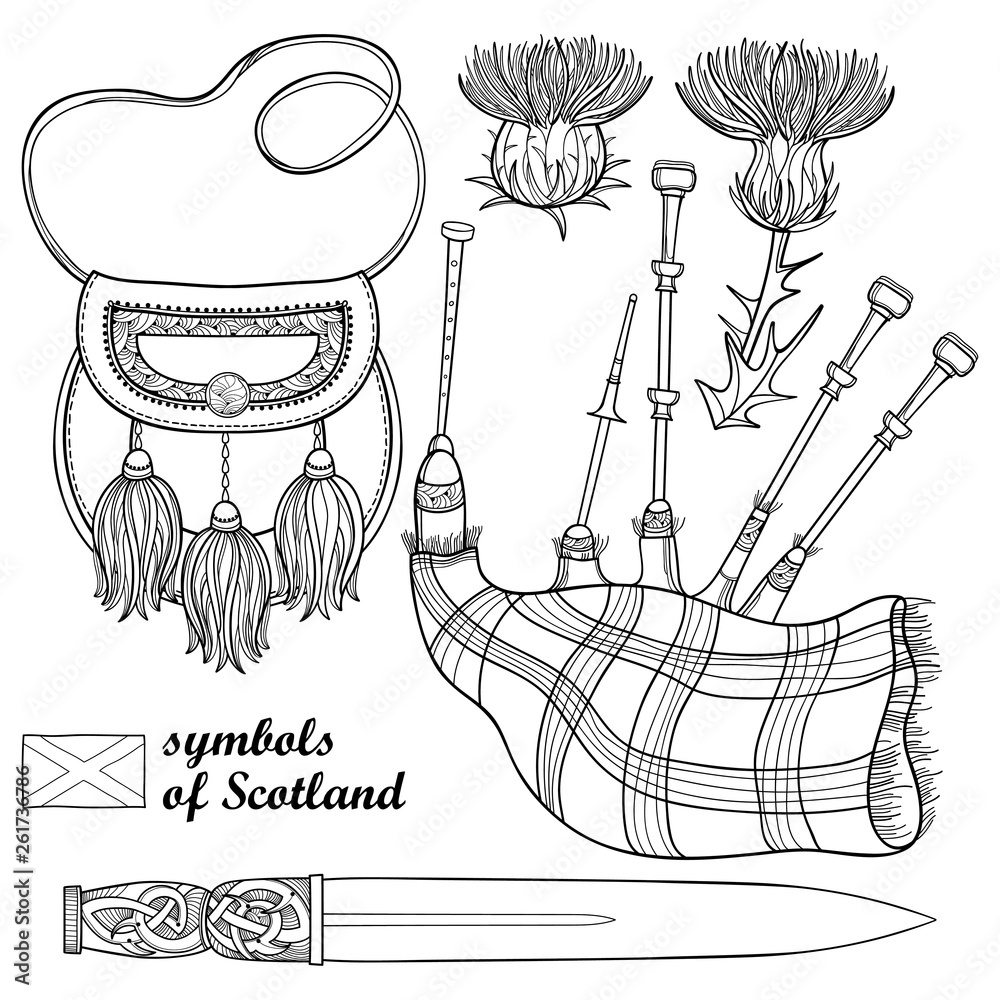 Set of outline Scottish symbols: long dagger or dirk, bagpipe, sporran ...
