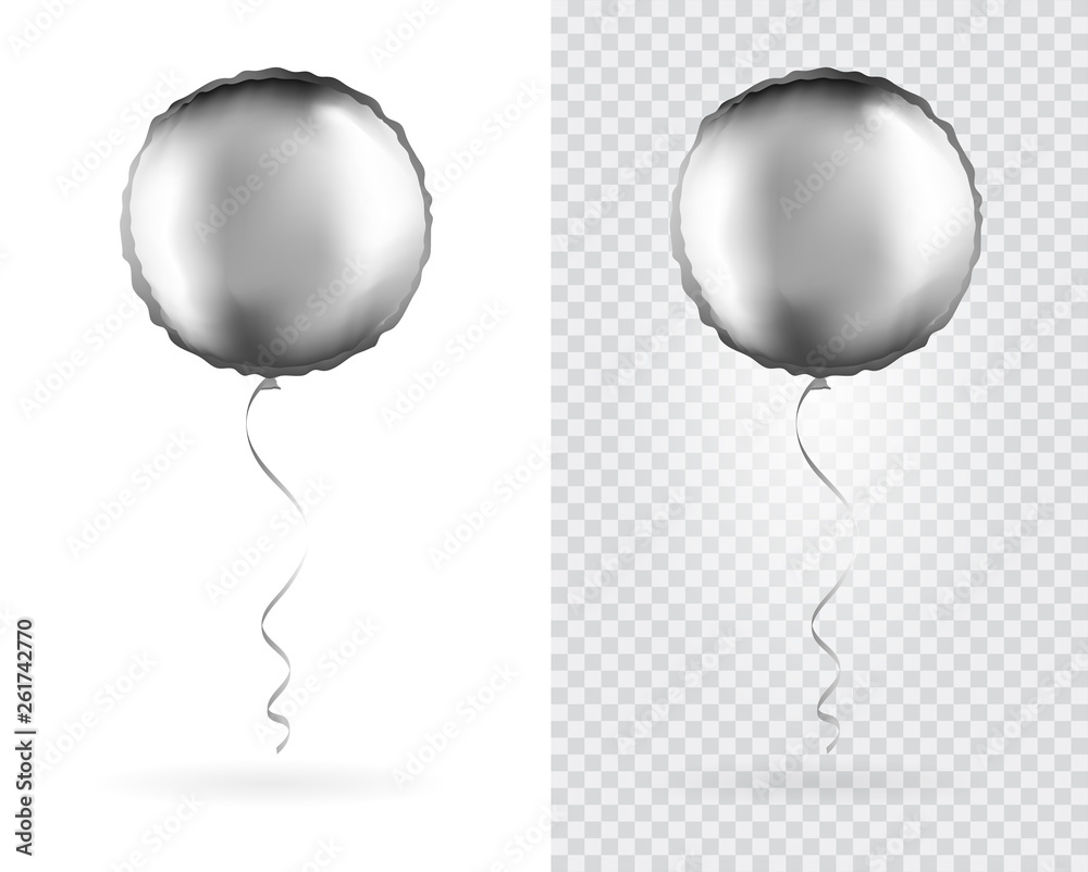 Set of Silver Round shaped foil balloons on transparent white ...