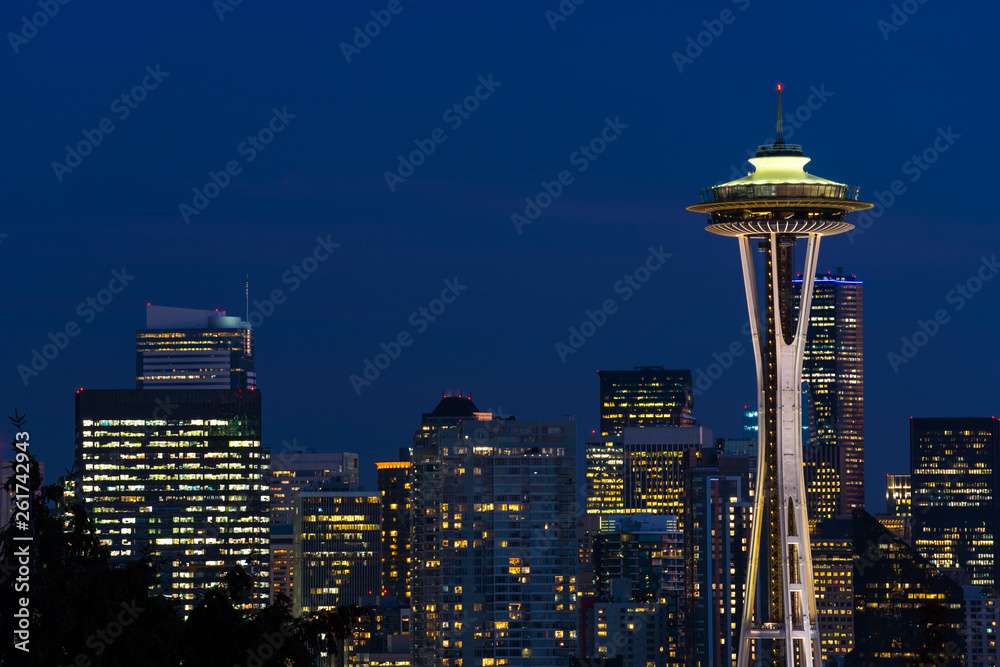 Night view of the Seattle skyline with the Space Needle and other ...