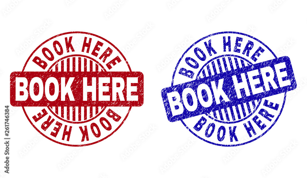 Grunge BOOK HERE round stamp seals isolated on a white background ...