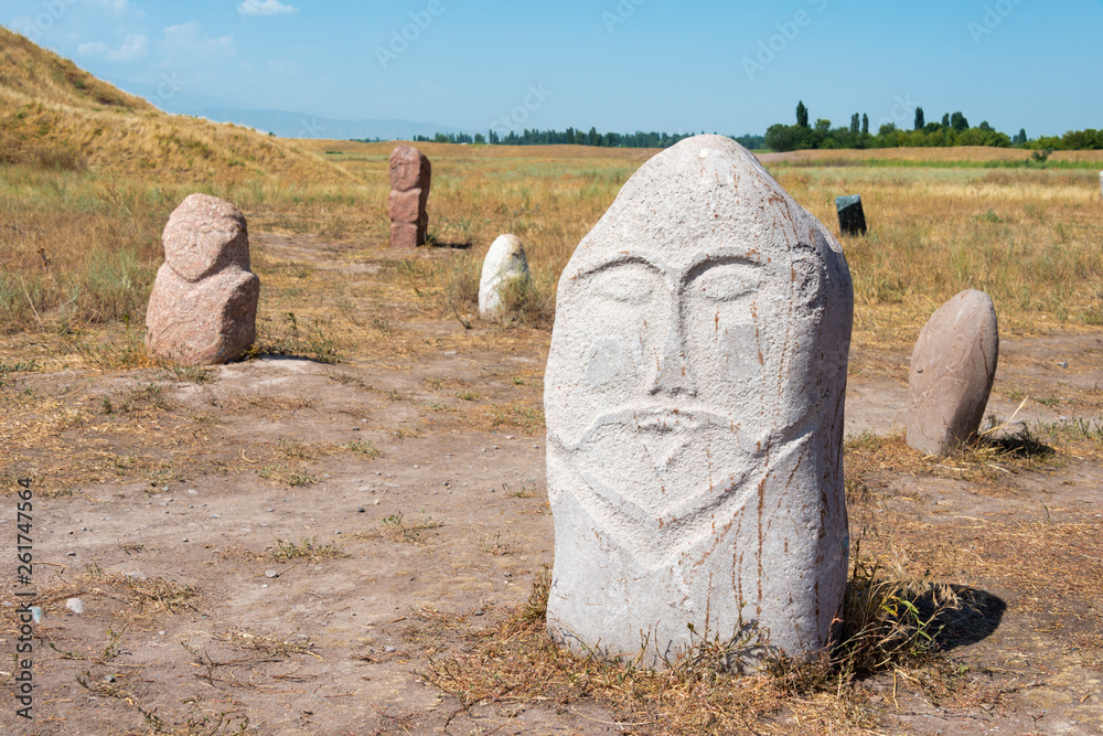 Tokmok, Kyrgyzstan - Aug 08 2018: Kurgan stelae at Ruins of Balasagun ...