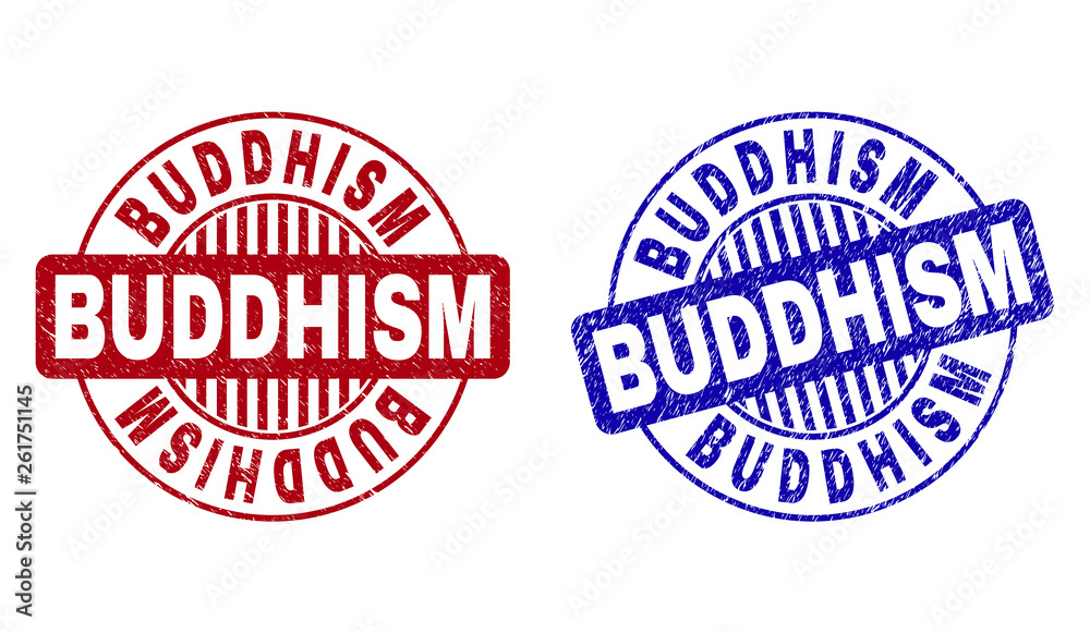 Grunge BUDDHISM round stamp seals isolated on a white background. Round ...
