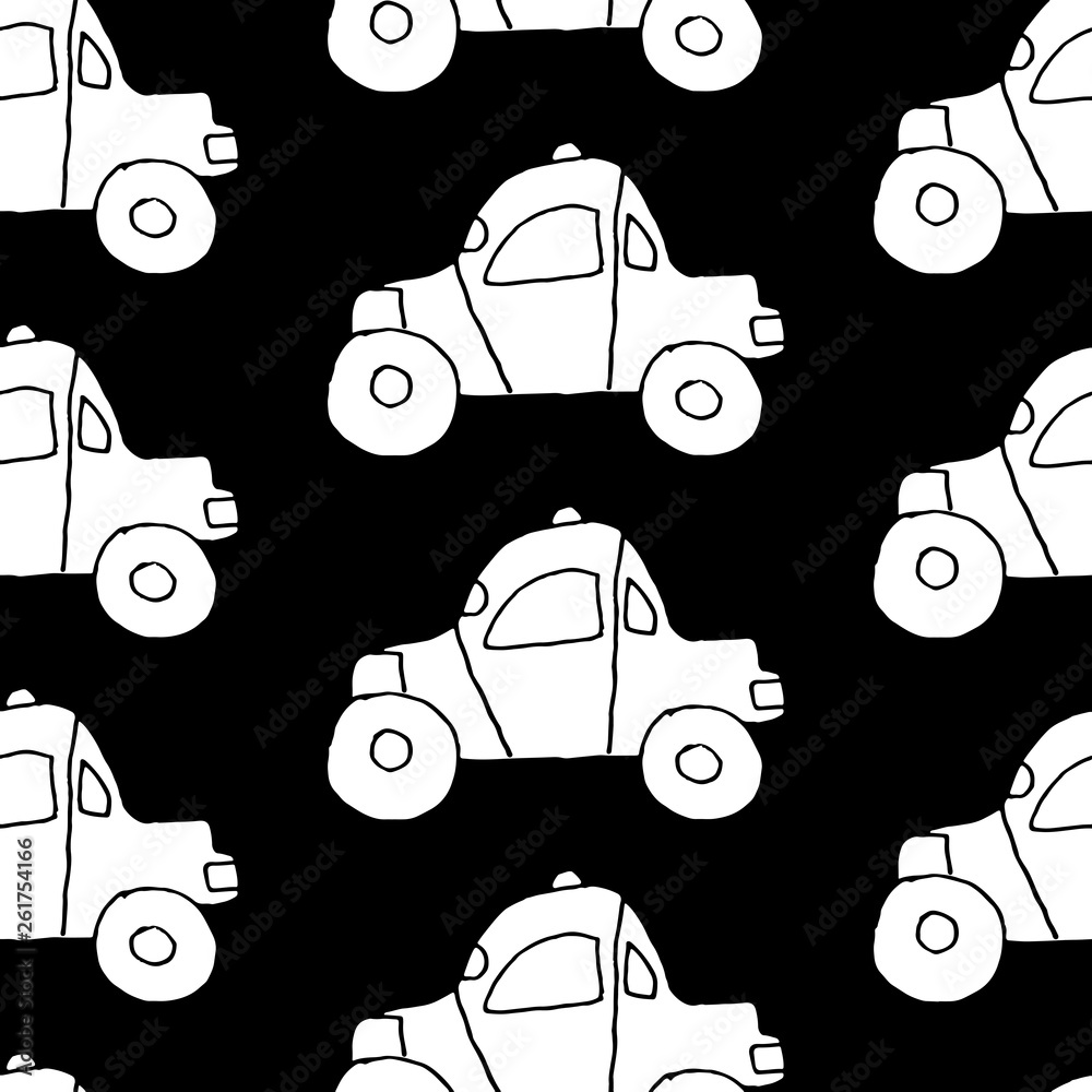 Cute cartoon car pattern with hand drawn cars. Sweet vector black and ...