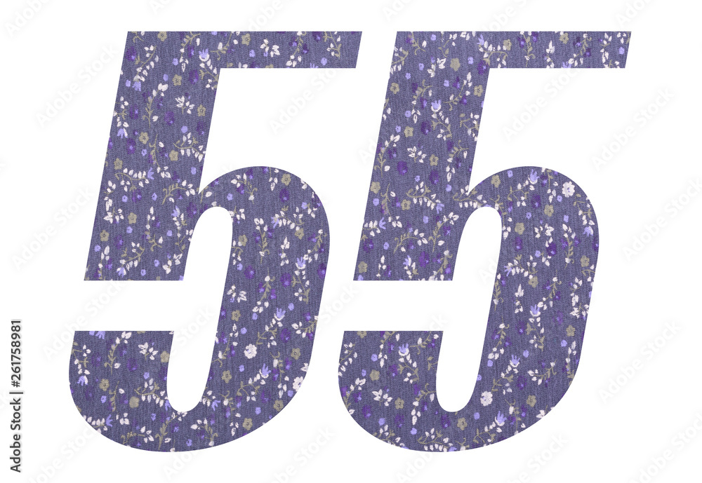 Number 55 with floral fabric texture on white background Stock ...