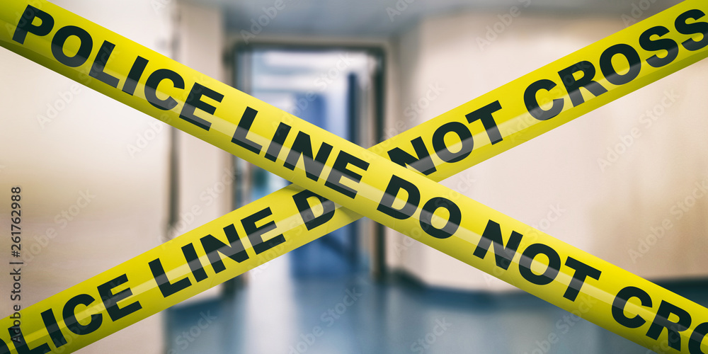 Police line. Warning yellow tape, text do not cross, blur office ...
