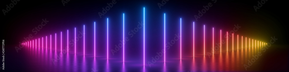 3d render, abstract panoramic background, glowing vertical lines, neon ...