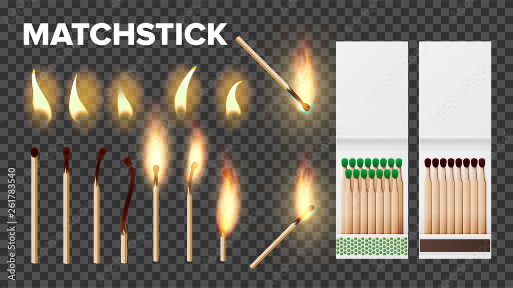 Burning Matches In Matchbooks, Flame Vector Set. Burnt Matches Stages ...