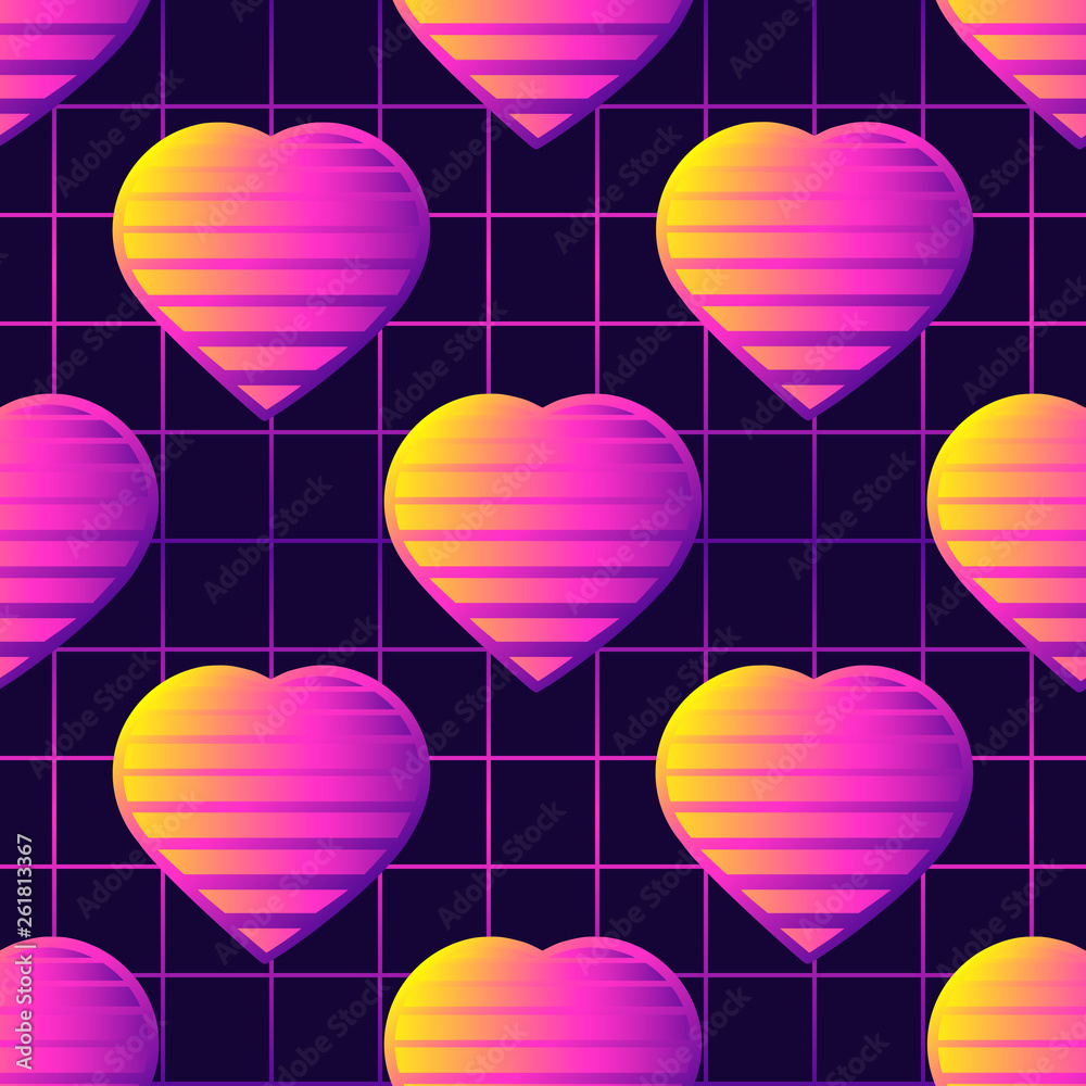 Vetor de Neon retrowave 80s sunset style seamless pattern with heart ...