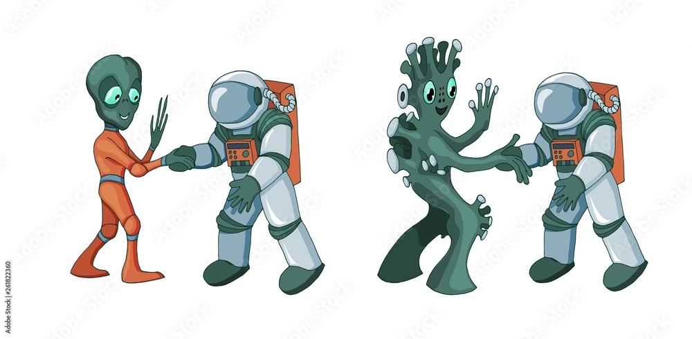 Cartoon alien meeting and handshake in space isolated on white ...