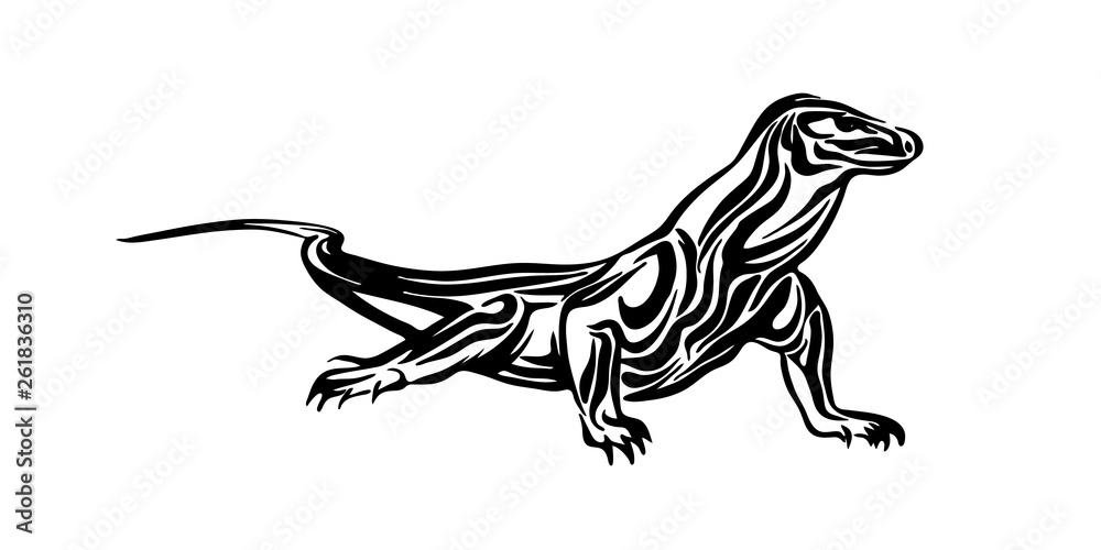 Hand drawn Komodo dragon. Vector black ink drawing lizard isolated on ...