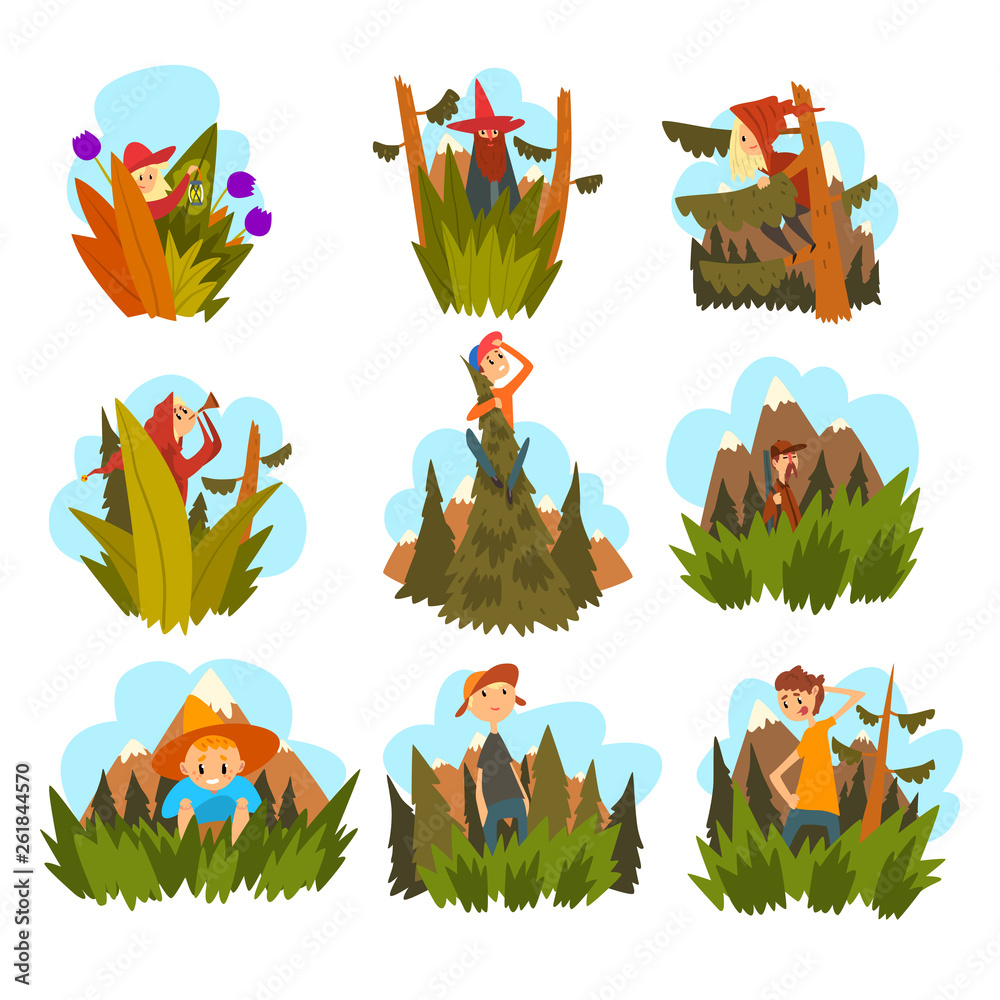 People against the backdrop of nature set, children and adults walking ...