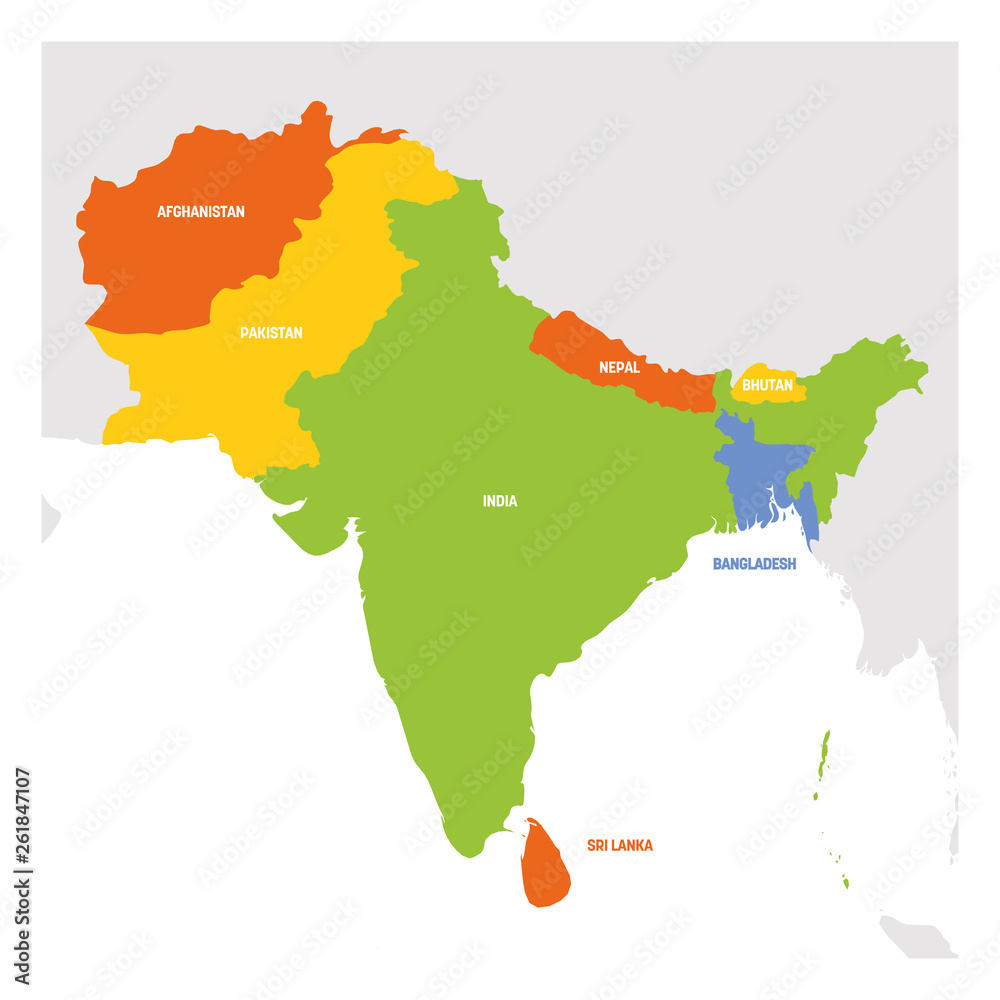 South Asia Region. Map of countries in southern Asia. Vector ...