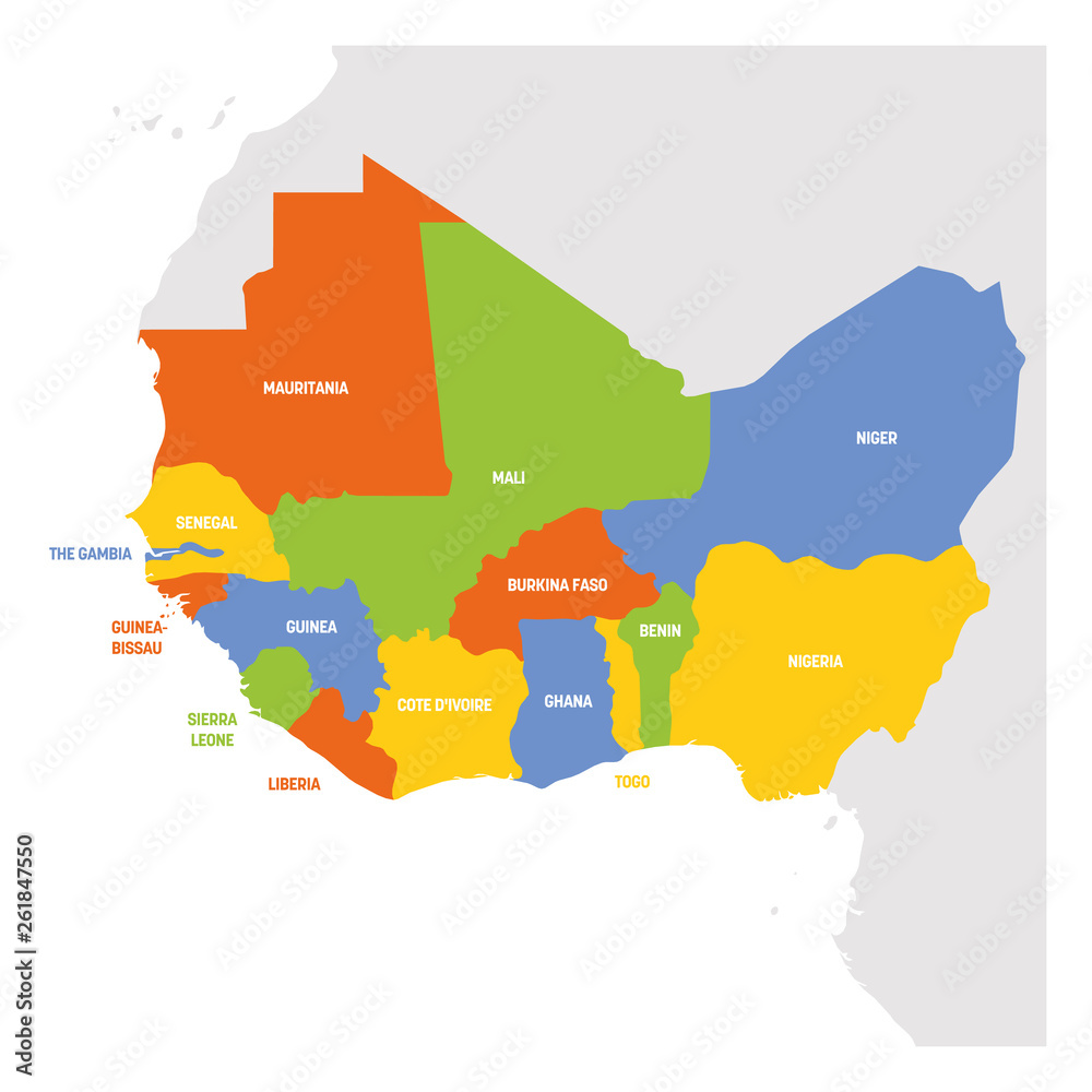 West Africa Region. Map of countries in western Africa. Vector ...