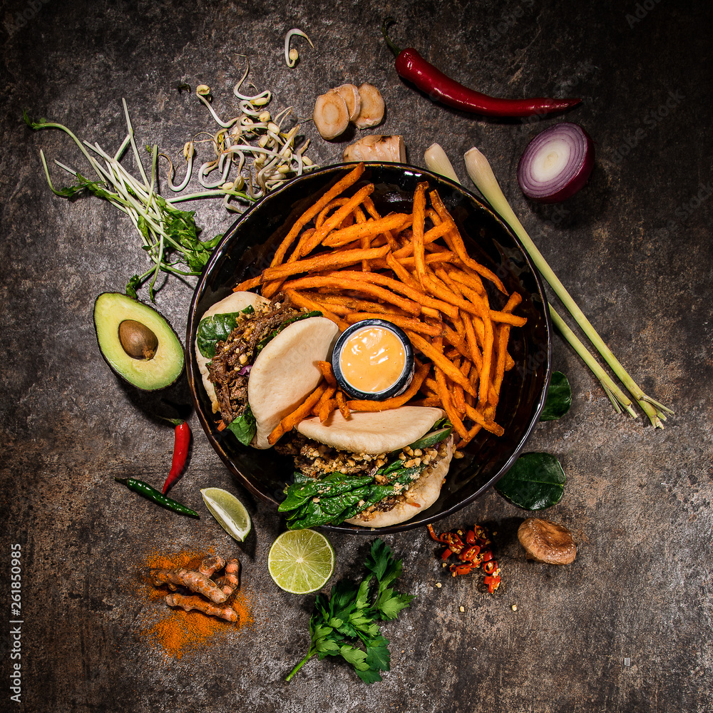 Taiwan bao asian food background with various ingredients on rustic ...