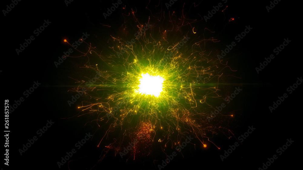 Yellow futuristic space particles in bright round energy structure ...